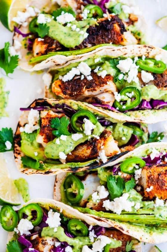 Blackened Cod Fish Tacos with Cilantro Avocado Sauce - Aberdeen's Kitchen