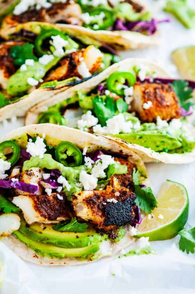Blackened Cod Fish Tacos with Cilantro Avocado Sauce - Aberdeen's Kitchen