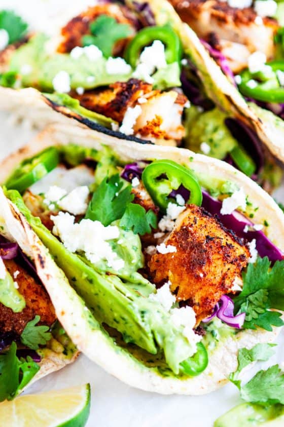 Blackened Cod Fish Tacos with Cilantro Avocado Sauce - Aberdeen's Kitchen