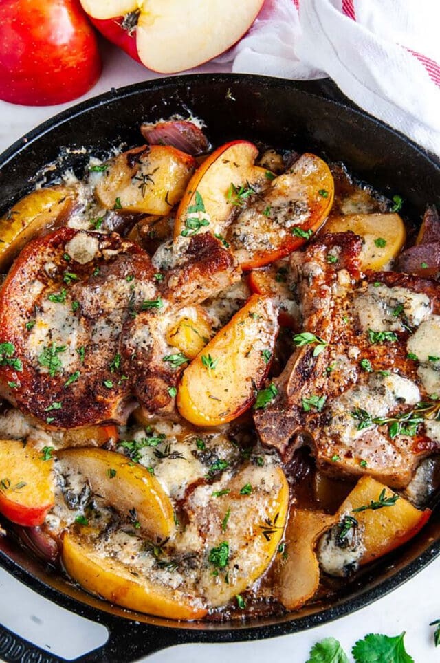 Skillet Blue Cheese Pork Chops with Apples and Pears - Aberdeen's Kitchen